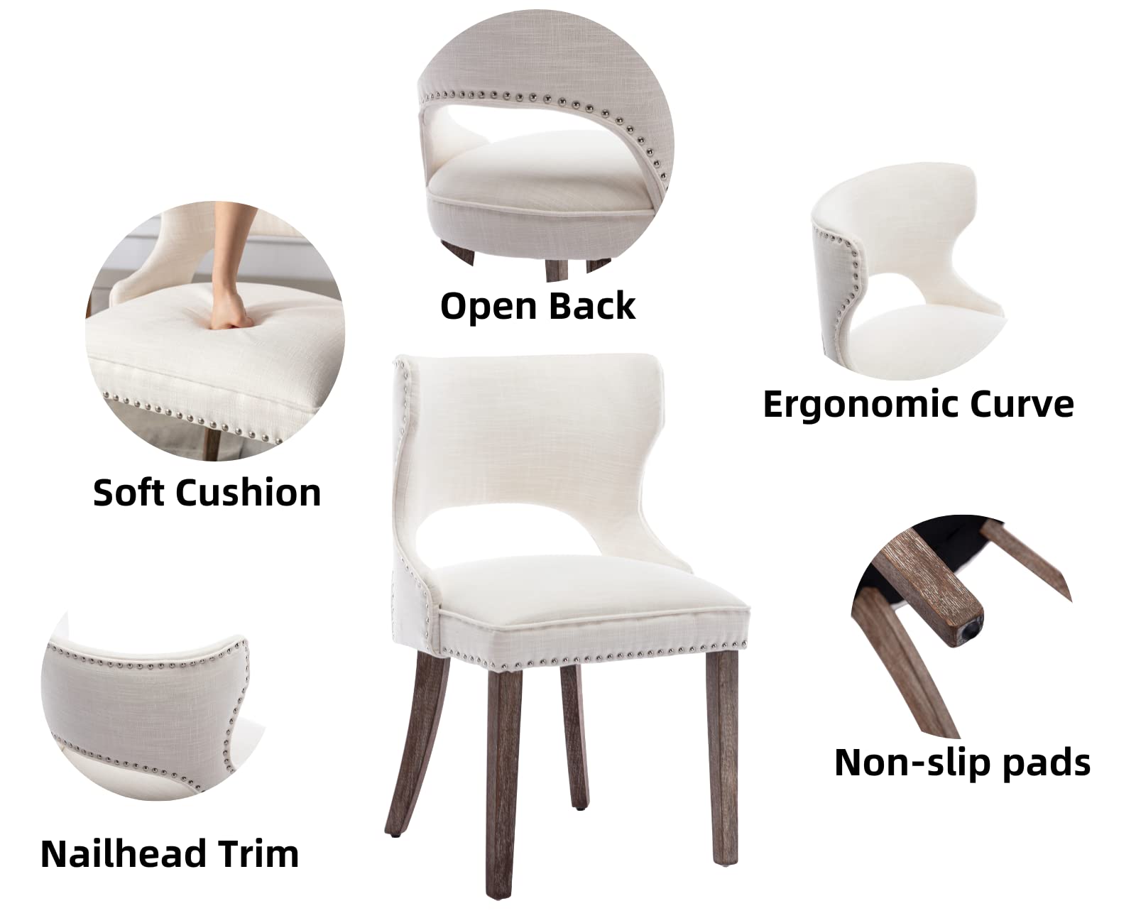 CIMOTA Mid Century Modern Dining Chairs Set of 2, Upholstered Dining Room Chairs Comfy Armless Side Chairs with Open Back/Nailhead Trim for Kitchen/Dining Room/Living Room, Linen Beige/2PCS