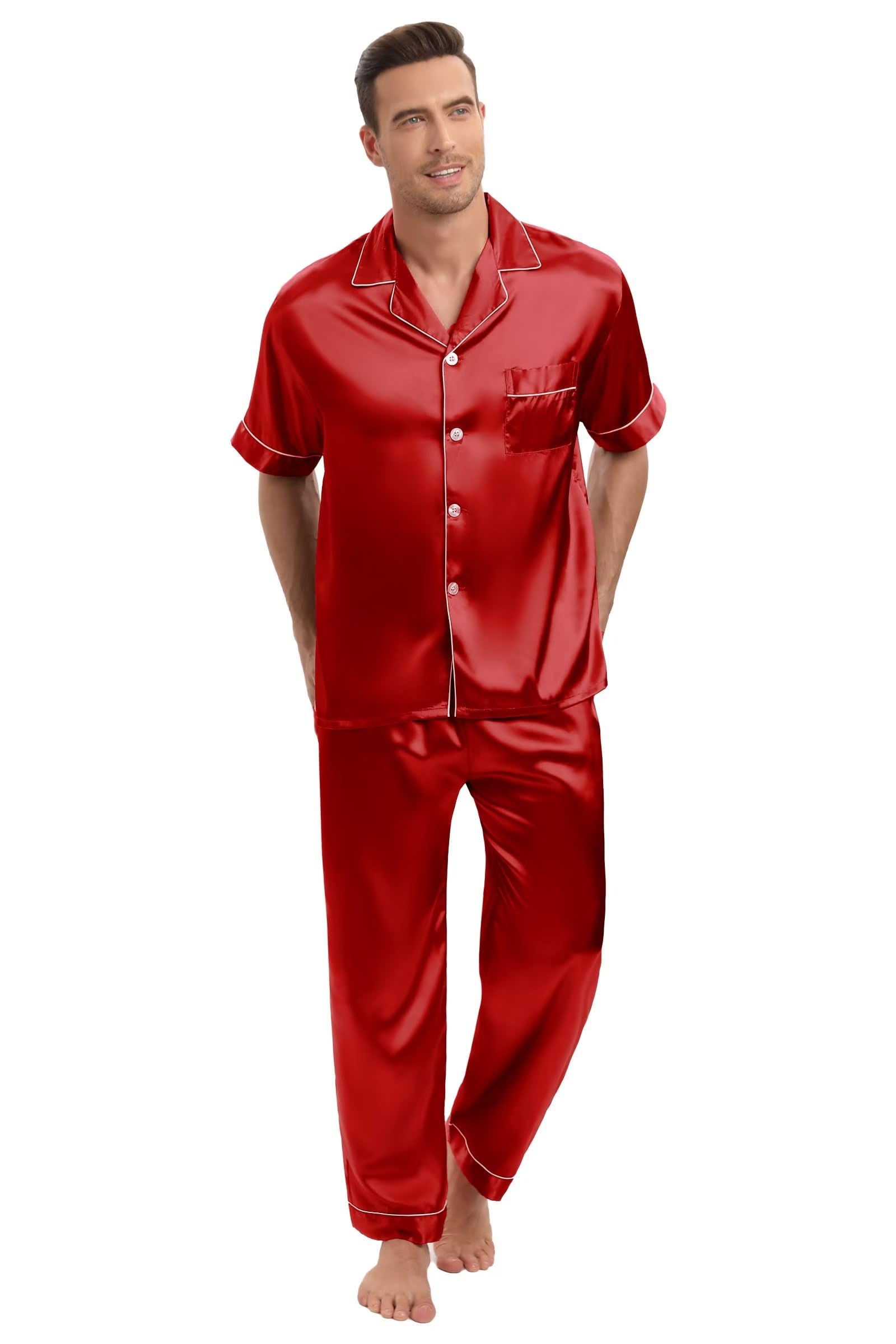 AUECK Mens Satin Pajamas Set Short Sleeve Button Down Sleepwear Soft 2 Piece Silk Loungewear with Pockets(Red,XX-Large)