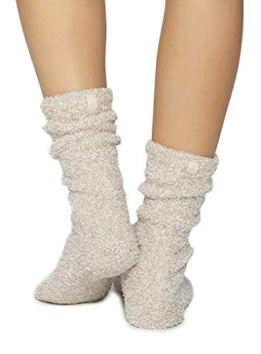 Barefoot Dreams CozyChic Women Heathered Socks, Crew Socks, Plush Socks, Loungewear, Warm Toes, Fuzzy Socks-Black/White-Stone/White (Set of 2)