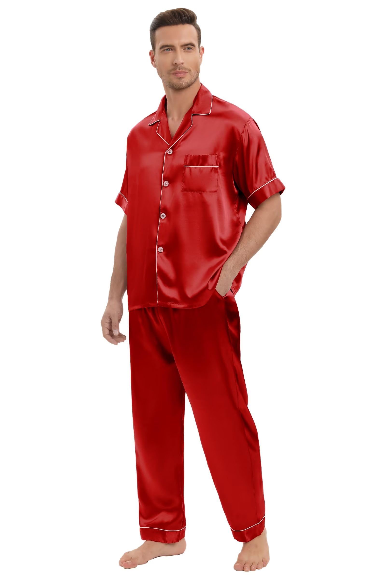 AUECK Mens Satin Pajamas Set Short Sleeve Button Down Sleepwear Soft 2 Piece Silk Loungewear with Pockets(Red,XX-Large)