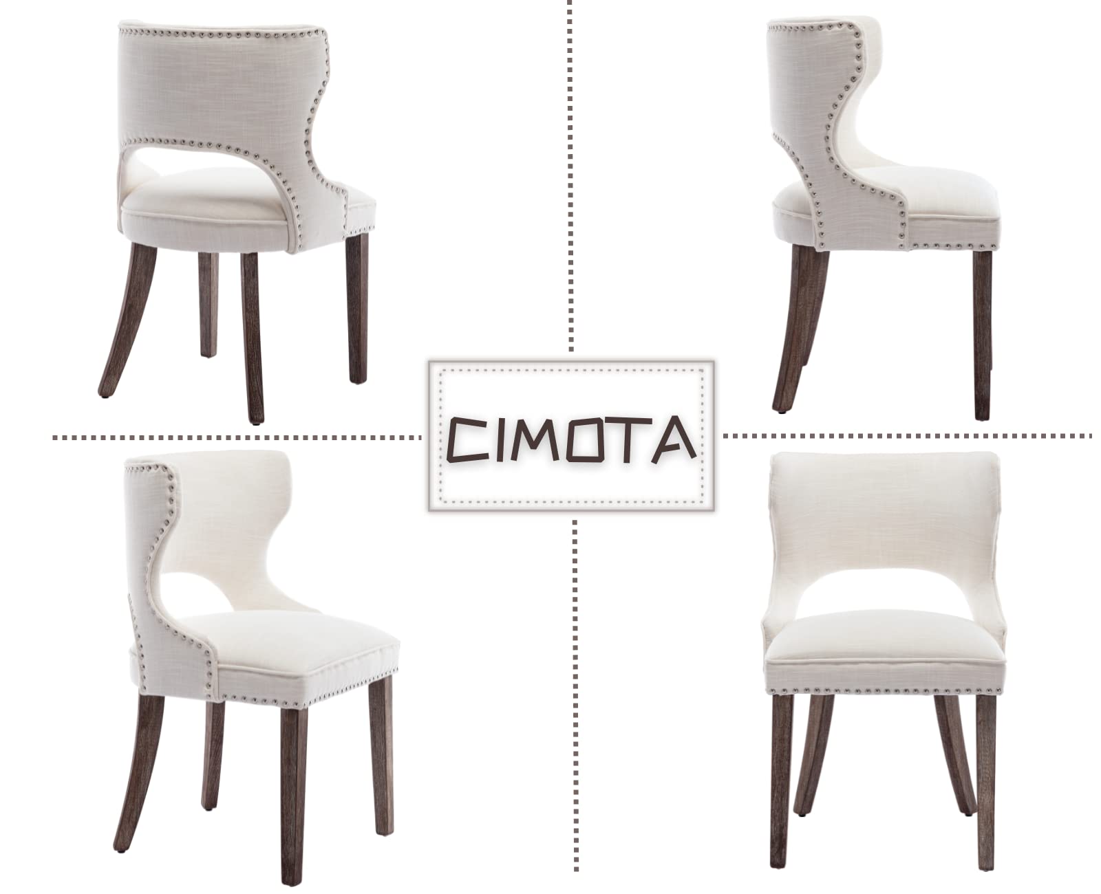 CIMOTA Mid Century Modern Dining Chairs Set of 2, Upholstered Dining Room Chairs Comfy Armless Side Chairs with Open Back/Nailhead Trim for Kitchen/Dining Room/Living Room, Linen Beige/2PCS