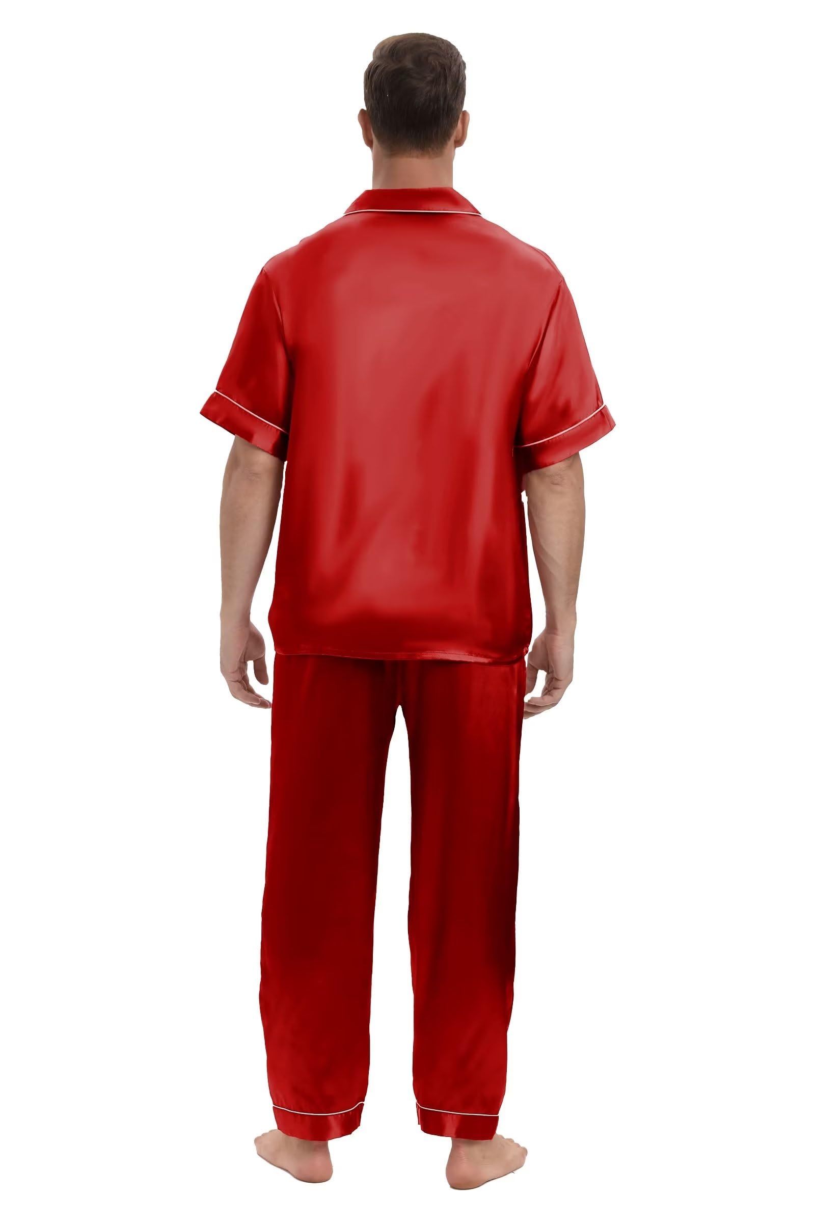 AUECK Mens Satin Pajamas Set Short Sleeve Button Down Sleepwear Soft 2 Piece Silk Loungewear with Pockets(Red,XX-Large)