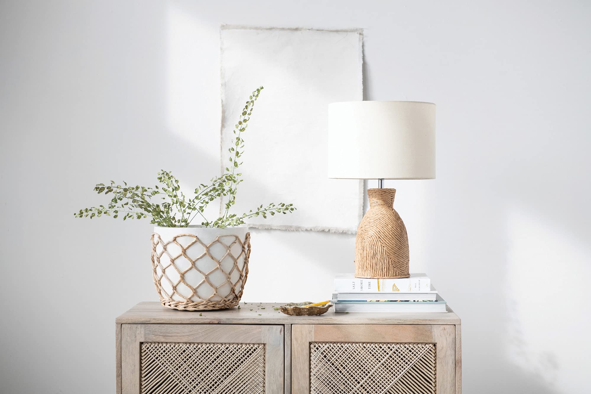 Creative Co-Op Mango 2 Woven Rope Doors, 1 Shelf and Tassel Handles Console, Bleached Wood