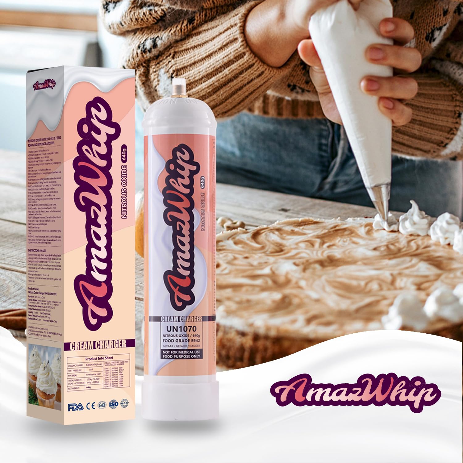 AMAZWHIP 640g,0.95L Original Flavor Whipped Cream Charger Nitrous Tank for Whipped Cream Dispenser (6 cylinders)
