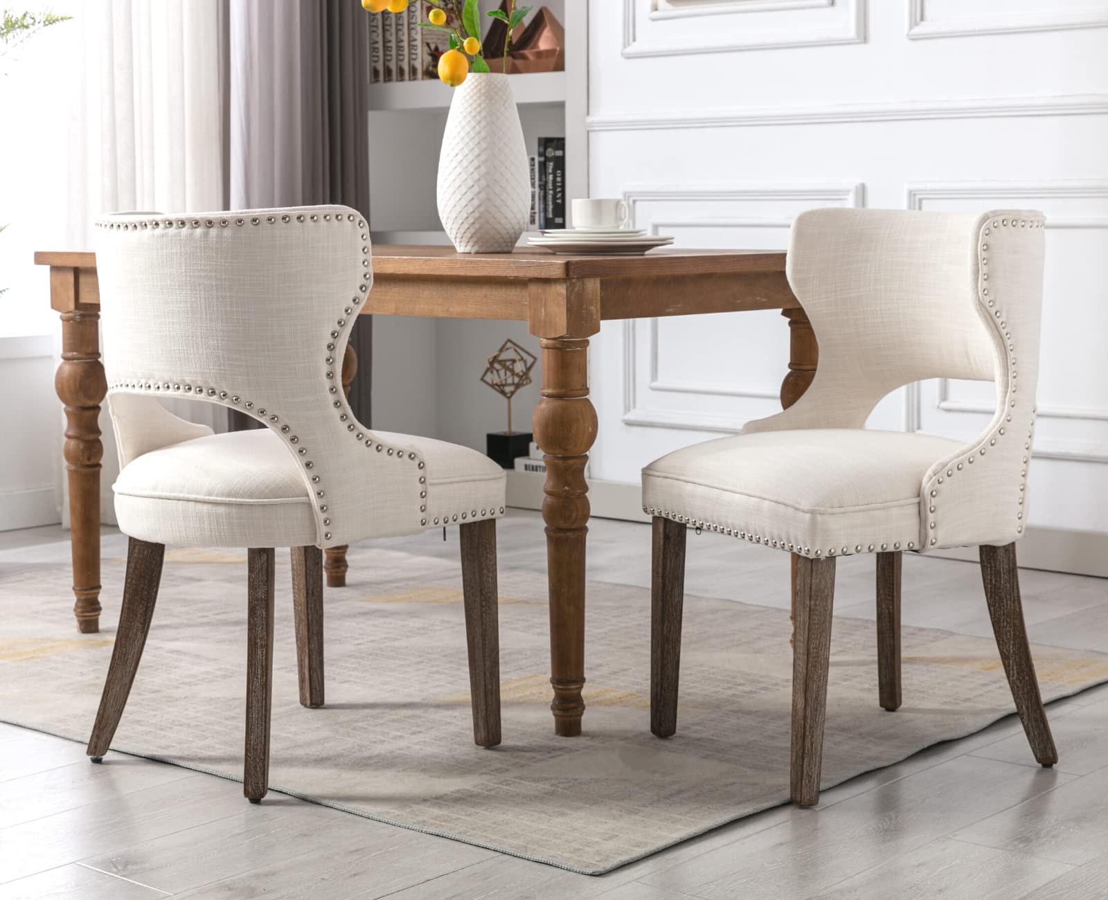CIMOTA Mid Century Modern Dining Chairs Set of 2, Upholstered Dining Room Chairs Comfy Armless Side Chairs with Open Back/Nailhead Trim for Kitchen/Dining Room/Living Room, Linen Beige/2PCS