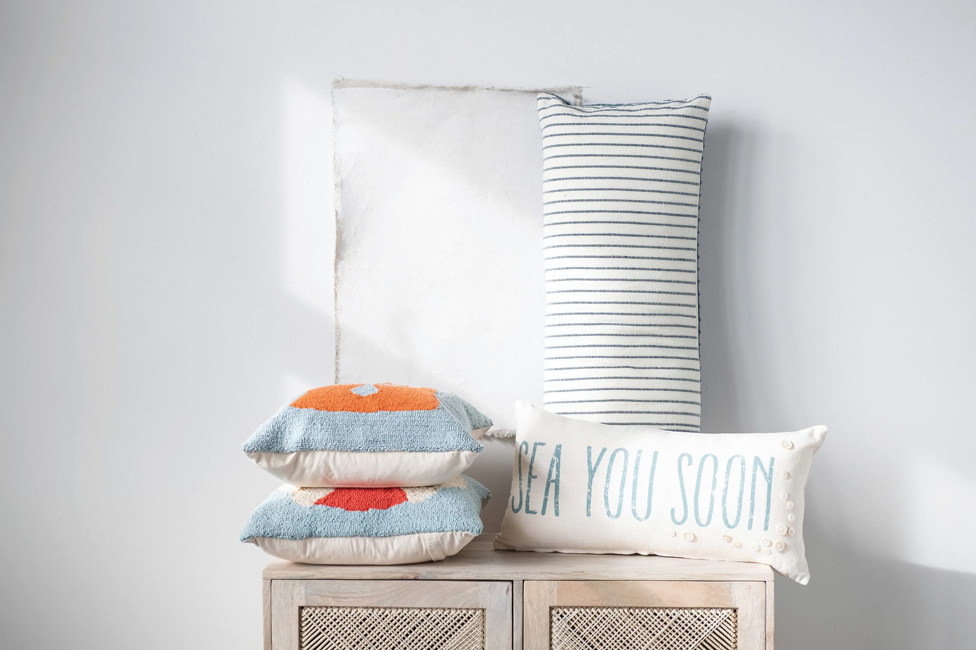 Creative Co-Op Mango 2 Woven Rope Doors, 1 Shelf and Tassel Handles Console, Bleached Wood