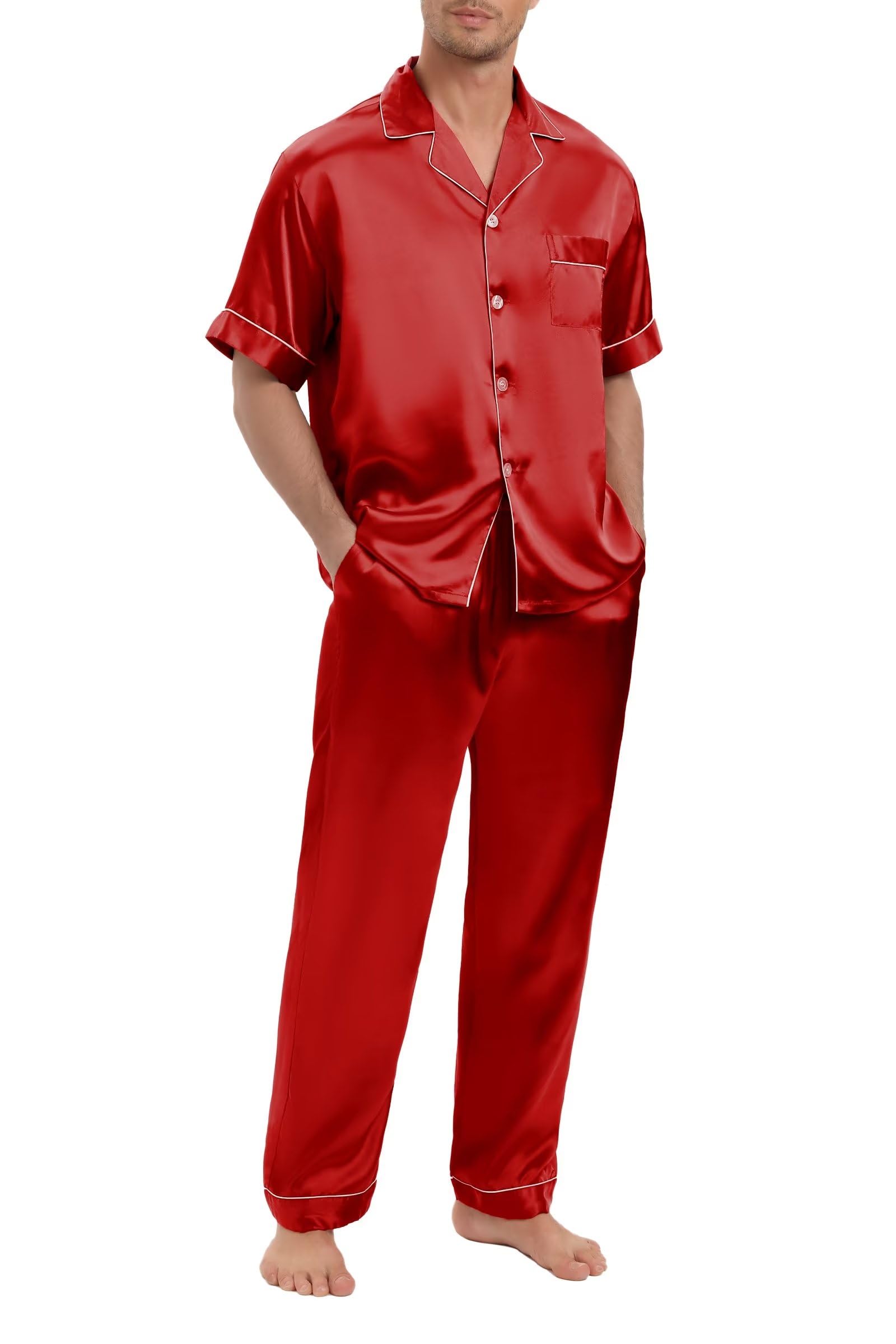 AUECK Mens Satin Pajamas Set Short Sleeve Button Down Sleepwear Soft 2 Piece Silk Loungewear with Pockets(Red,XX-Large)