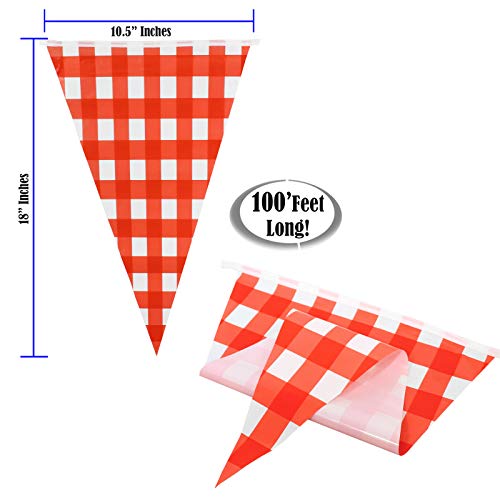 Red Checkered Banner 100β Feet Long | Gingham Pennant Flags | Red and White Checkered Pennant Banner | Carnival, Picnic, Party Red Checkered Flags | By Anapoliz