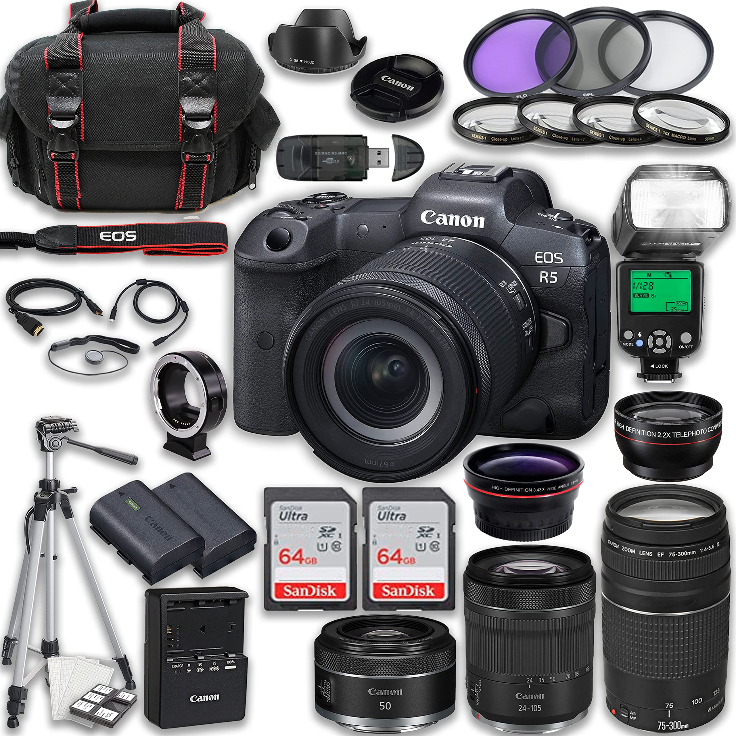 Canon EOS R5 Full Frame Mirrorless Camera with RF 24-105mm STM & 75-300mm f/4-5.6 III + RF 50mm f/1.8 STM Lenses + 128GB Memory Card + Accessories Including: TTL Flash, Extra Battery, Tripod (Renewed)