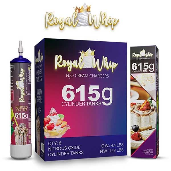 ROYAL WHIP CREAM CHARGERS - Pure N2O Whipped Cream Cylinder - Nitrous Oxide Chargers (615 gram) Compatible with Cream Whippers - 1 Carton (6 CT DISPLAY)