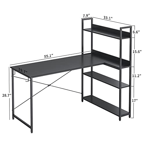 CubiCubi Computer Corner Desk with Storage Shelves, 55 Inch Reversible Small L Shaped Computer Desk, Home Office Writing Desk with 2 Hooks, Black