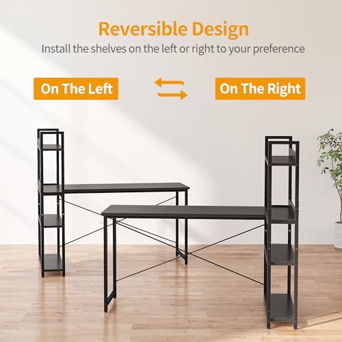 CubiCubi Computer Corner Desk with Storage Shelves, 55 Inch Reversible Small L Shaped Computer Desk, Home Office Writing Desk with 2 Hooks, Black