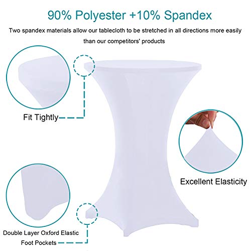 RELIANCER 2 Pack 36inch Highboy Cocktail Round Spandex Table Cover Four-Way Tight Fitted Stretch Tablecloth Table Cloth for Outdoor Party DJ Tradeshow Banquet Vendor Wedding(2PC 36''X43'',White)