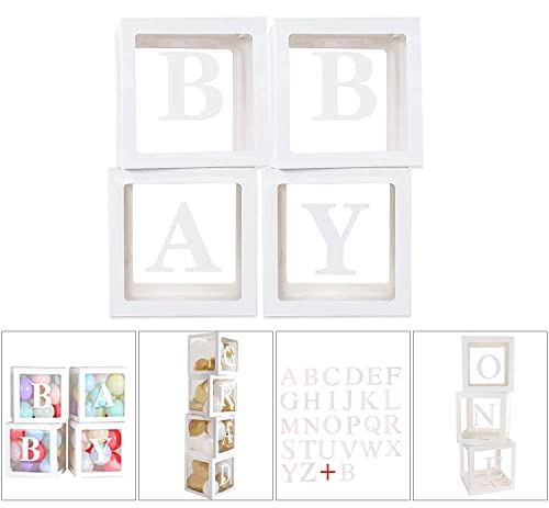 Baby Shower Balloon Boxes Decorations - Baby Boxes with 27 Letters,4pcs Transparent Baby Blocks for Gender Reveal,Wedding,Grad Decorations,Boy Girl Birthday Party Decorations, DIY Name Combination
