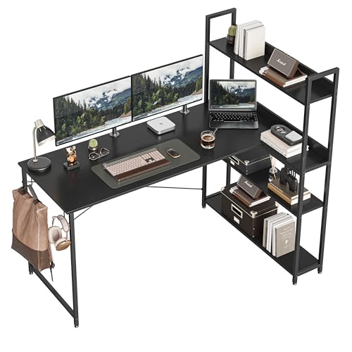 CubiCubi Computer Corner Desk with Storage Shelves, 55 Inch Reversible Small L Shaped Computer Desk, Home Office Writing Desk with 2 Hooks, Black