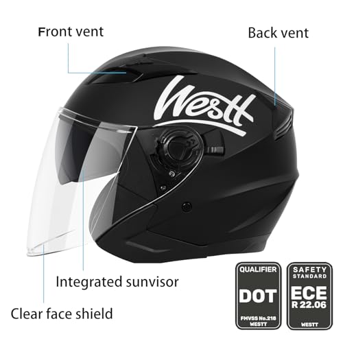 Westt Open Face Helmets with Dual Sun Visor– Motorcycle Helmet for Men and Women 3/4 Helmets DOT Approved for Scooter Motorbike Street Jet Series