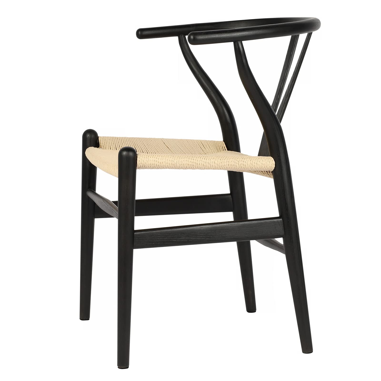 Polynices Wishbone Chair, Weave Modern Solid Wood Mid-Century Y Shaped Backrest Dining Chair (Black + Natural Set of 2)