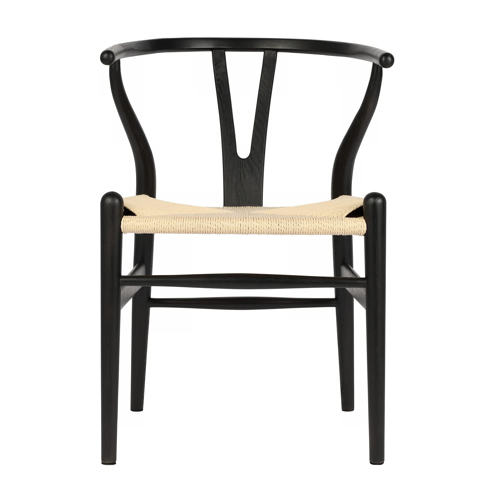 Polynices Wishbone Chair, Weave Modern Solid Wood Mid-Century Y Shaped Backrest Dining Chair (Black + Natural Set of 2)