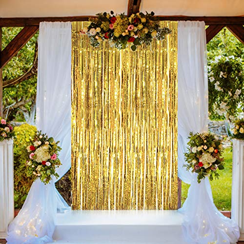 HDLJD Shiny Gold Metallic Foil Fringe Door & Window Curtain Party Decoration 3.3' X 6.6' (Value Pack of 2)