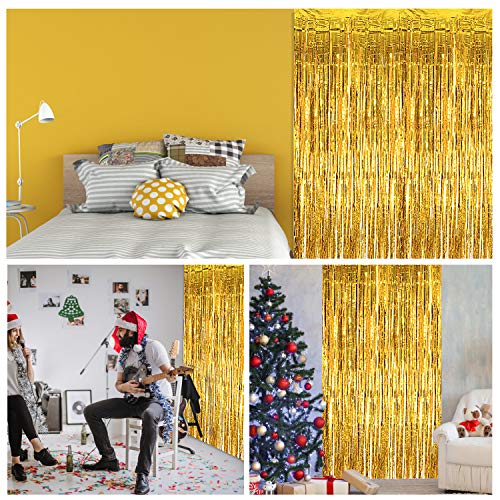 HDLJD Shiny Gold Metallic Foil Fringe Door & Window Curtain Party Decoration 3.3' X 6.6' (Value Pack of 2)