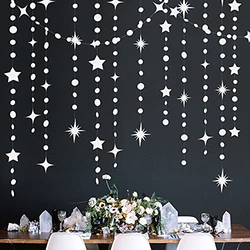 White Party Decorations Star Circle Dot Paper Garland Banner Bunting Streamer Glitter Hanging Twinkle Star Decoration for Kids Birthday Baby Bridal Shower Wedding Anniversary Engagement Decor