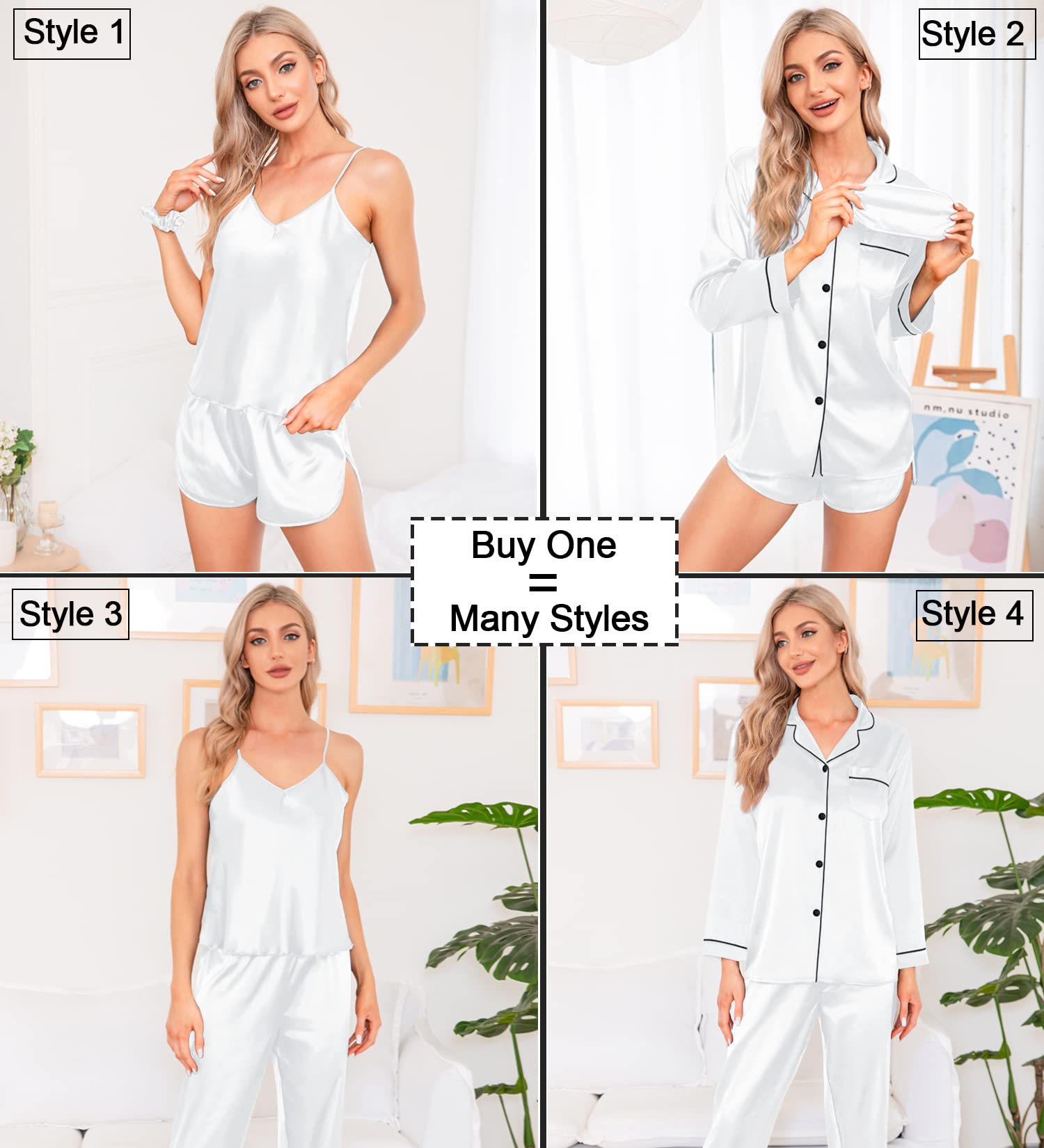 SWOMOG Women's 7 Pcs Silk Satin Pajamas Set Long Sleeve Button Down Sleepwear Cami Shorts Pjs Set with Eye Mask White XX-Large