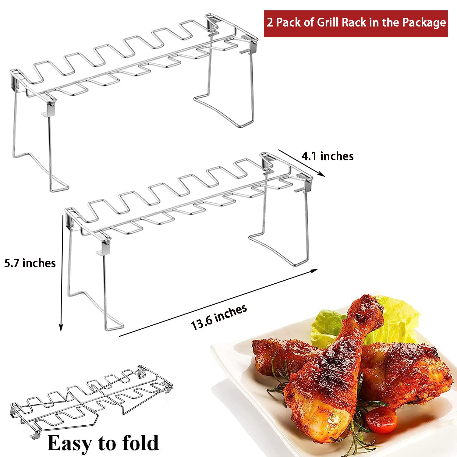 Triceratops 2 Packs Grill Rack, Chicken Leg and Wing Rack, 14 Slots BBQ Chicken Drumsticks Holder Stainless Steel Roaster Stand for Smoker Grill, Oven, Charcoal Grill