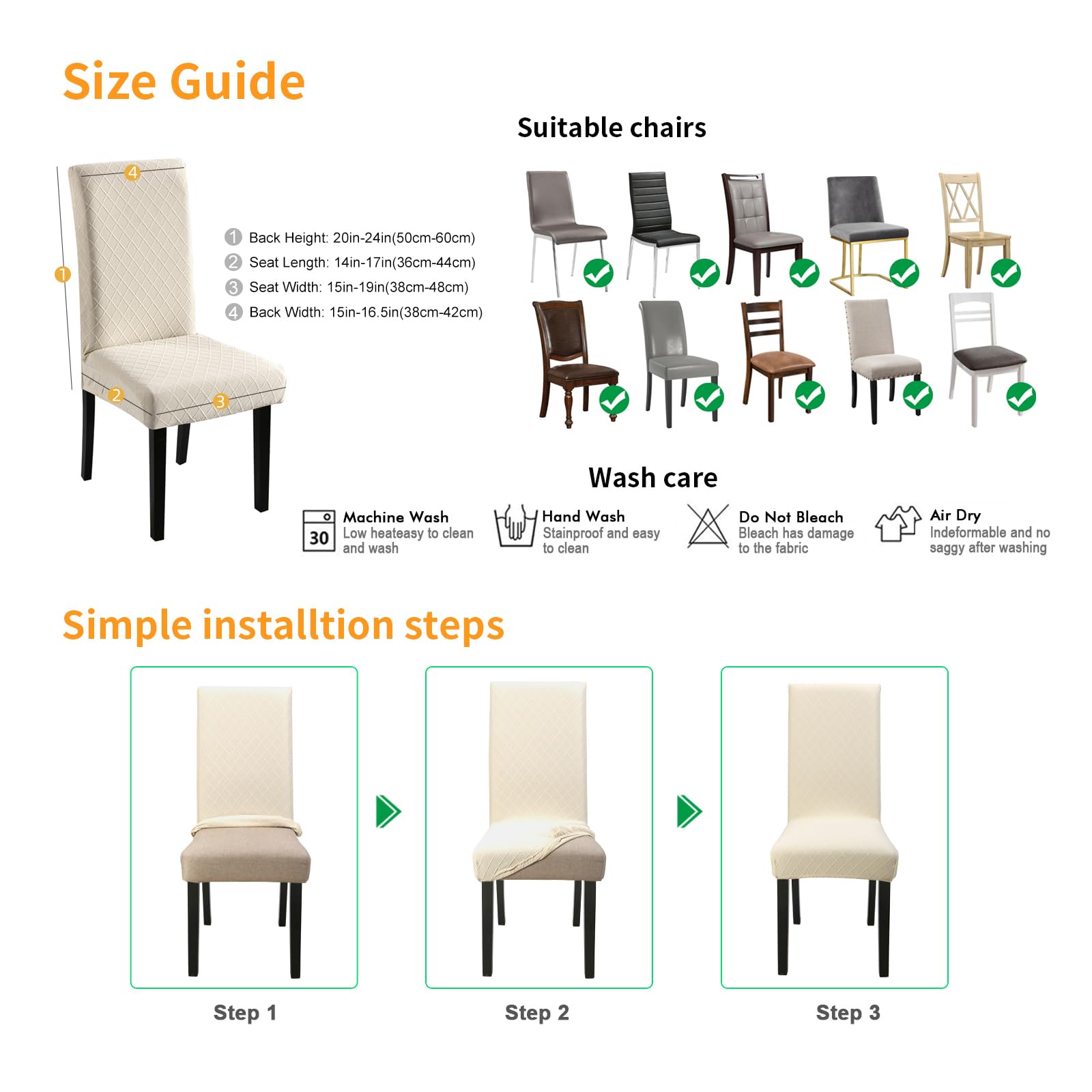 Fuloon Waterproof Dining Chair Covers, Parsons Chair Slipcover, Super Fit Stretch Kitchen Chairs Slipcovers, Removable Washable Chairs Seat Slipcover for Dining Room, Kitchen, Banquet (6 Pack, Beige)