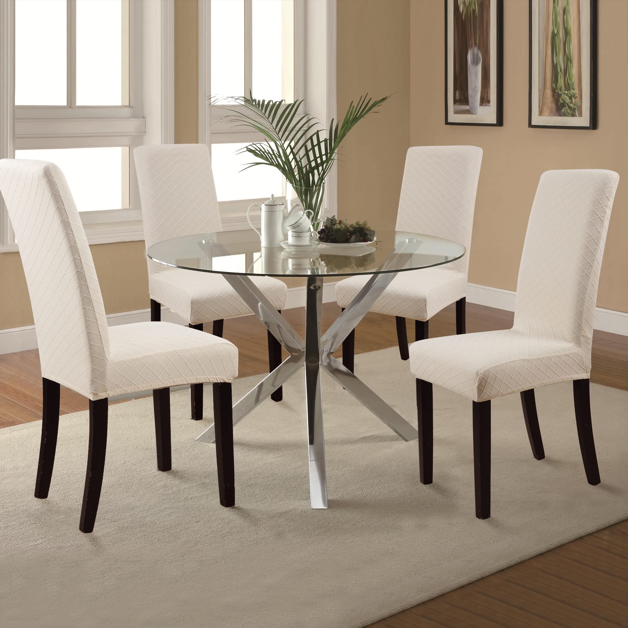 Fuloon Waterproof Dining Chair Covers, Parsons Chair Slipcover, Super Fit Stretch Kitchen Chairs Slipcovers, Removable Washable Chairs Seat Slipcover for Dining Room, Kitchen, Banquet (6 Pack, Beige)