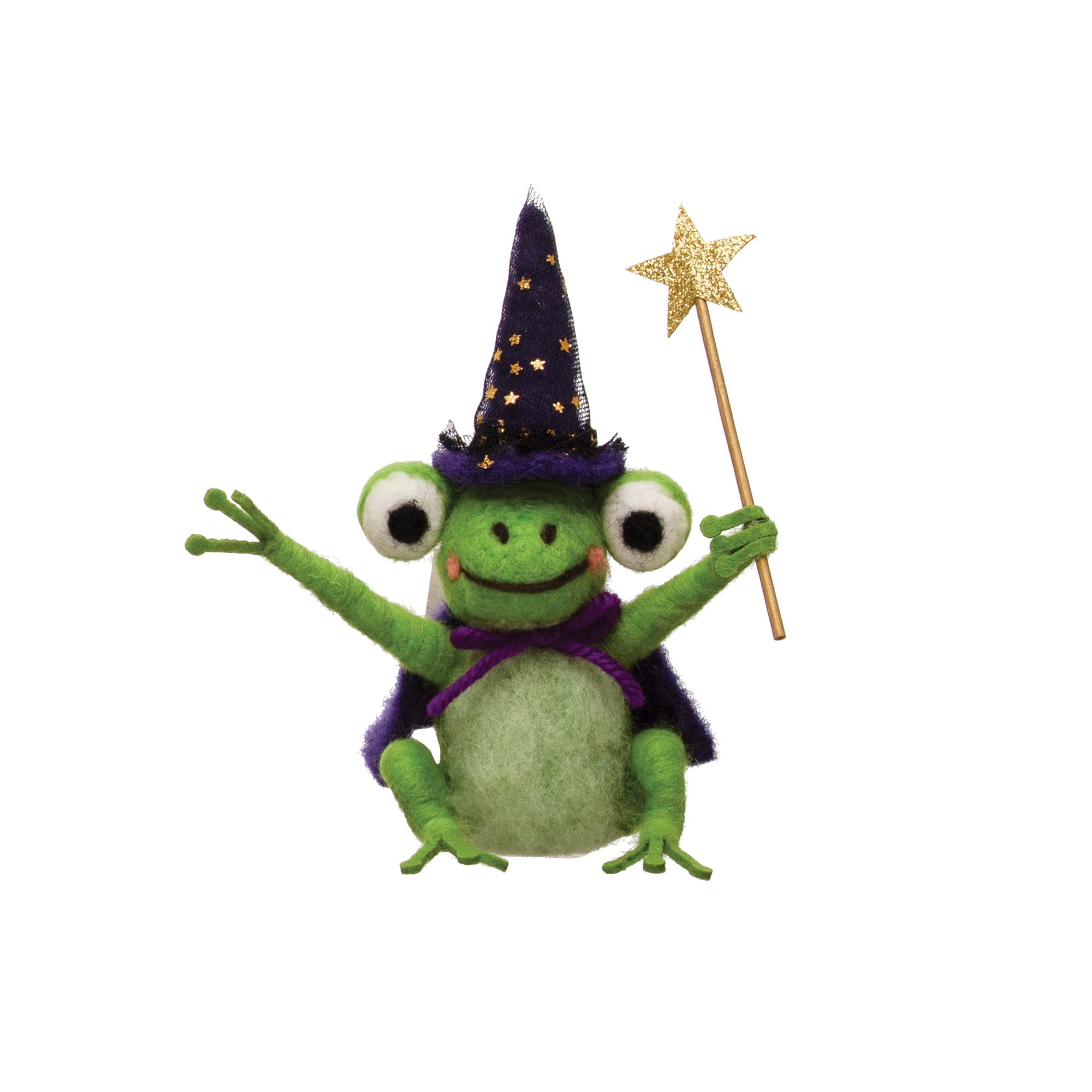 Creative Co-Op 3"L x 2-3/4"W x 5-3/4"H Wool Felt Wizard Frog w/ Hat & Wand, Multi Color