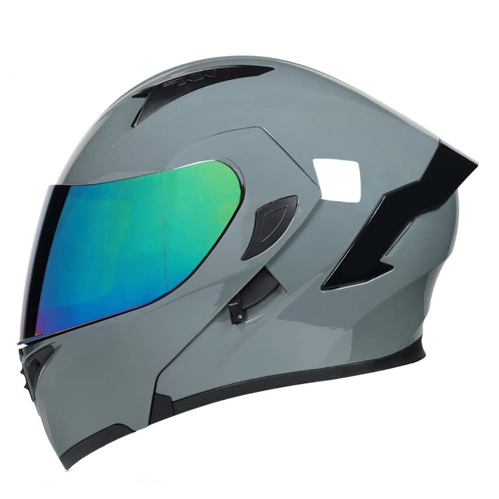 Woljay Full Face Flip Up Motorcycle Modular Helmet Integrated Motorbike Dual Visor for Adults Men Women Moped Street Racing DOT Approved (Medium, Grey-Multicolor Visor)