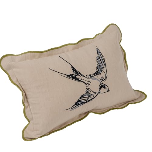 Creative Co-Op 14 Inches Cotton Chambray Printed Lumbar Bird, Embroidery, Patterned Back and Scalloped Edge, Multicolored Pillow, Natural