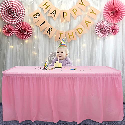 Pink Plastic Table Skirt & Tablecloth Set, 14FT Disposable Table Skirting Includes Table Cover for Rectangle Table, Birthday Party, Baby Shower Decorations