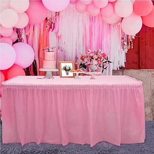Pink Plastic Table Skirt & Tablecloth Set, 14FT Disposable Table Skirting Includes Table Cover for Rectangle Table, Birthday Party, Baby Shower Decorations