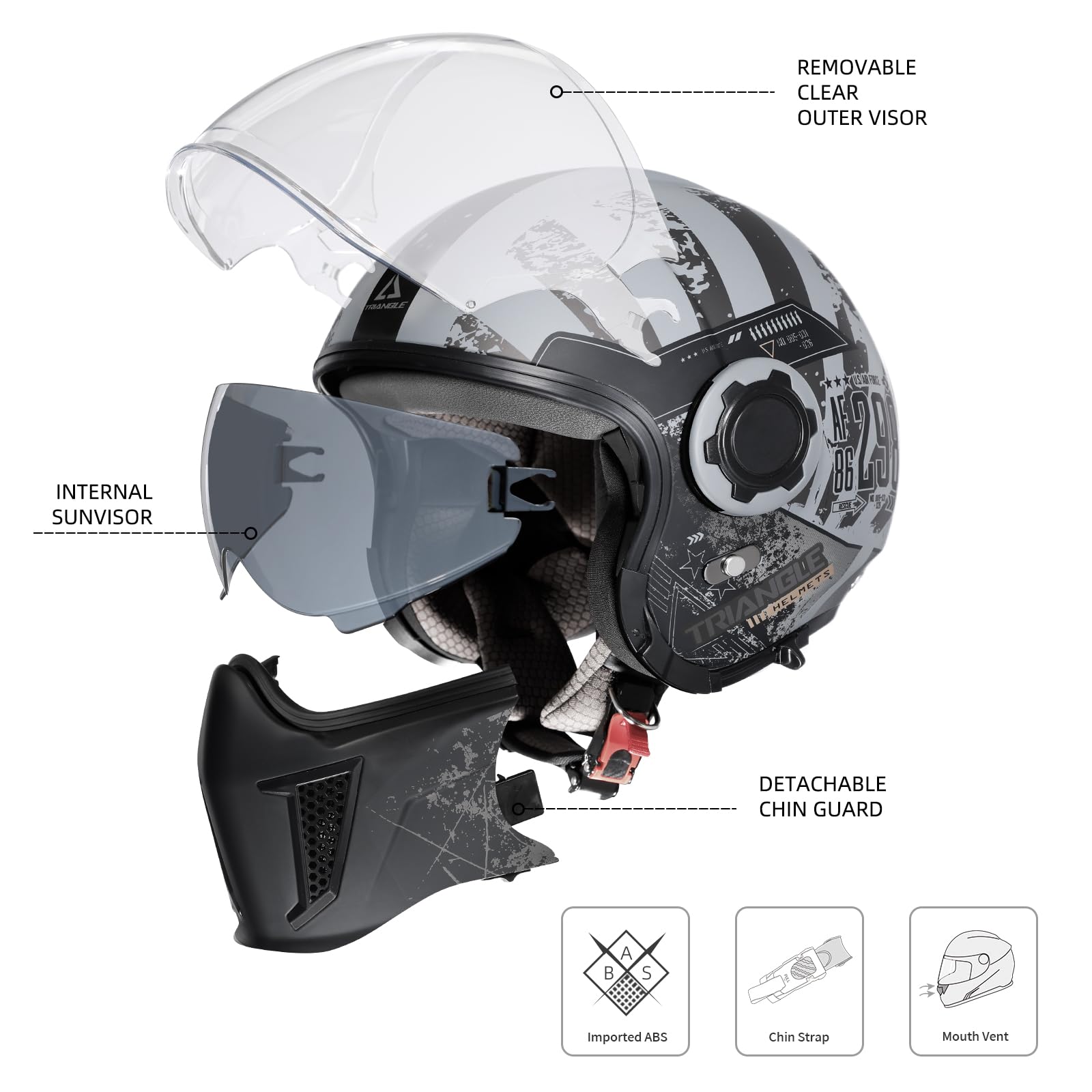 TRIANGLE Full Face Motorcycle Helmets,Off-Road Motocross Helmet for Men & Women,Dual Visor with Internal Tinted Sunshield,Open Face 3/4 Adult Racing Helmet DOT Approved(XXL)