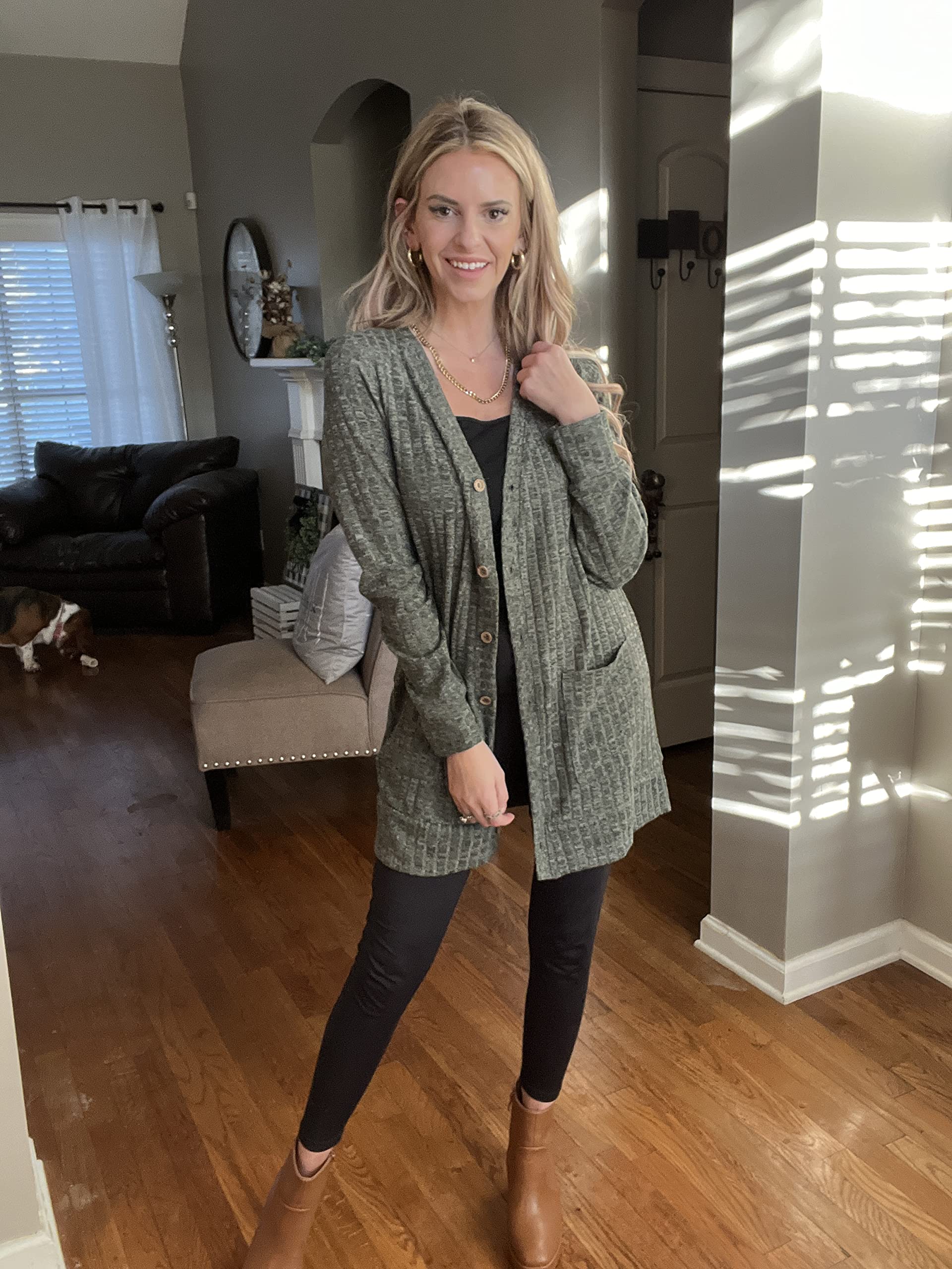 GRECERELLE Women's Long Sleeve Open Front Cardigan Button Down Ribbed Lightweight Knit Outerwear with Pocket