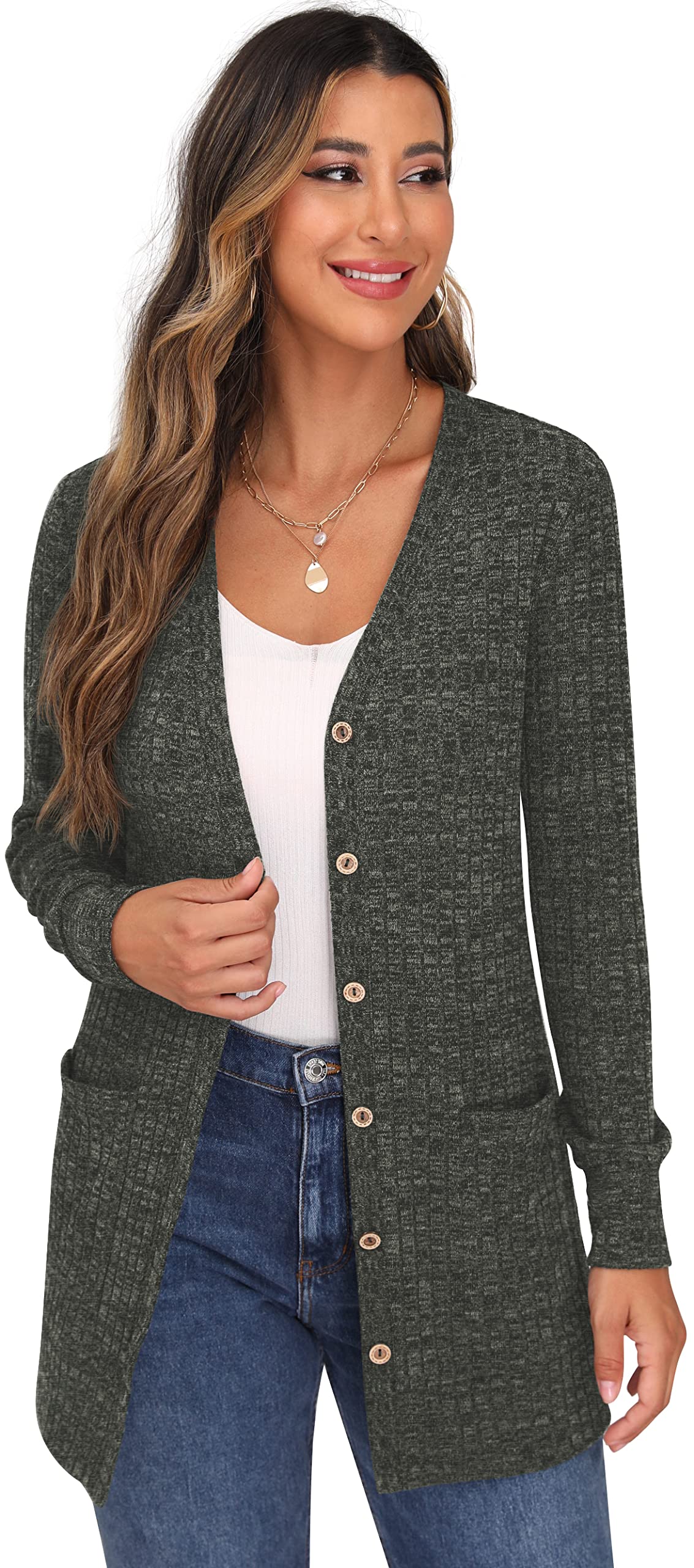 GRECERELLE Women's Long Sleeve Open Front Cardigan Button Down Ribbed Lightweight Knit Outerwear with Pocket