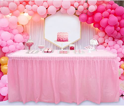Pink Plastic Table Skirt & Tablecloth Set, 14FT Disposable Table Skirting Includes Table Cover for Rectangle Table, Birthday Party, Baby Shower Decorations