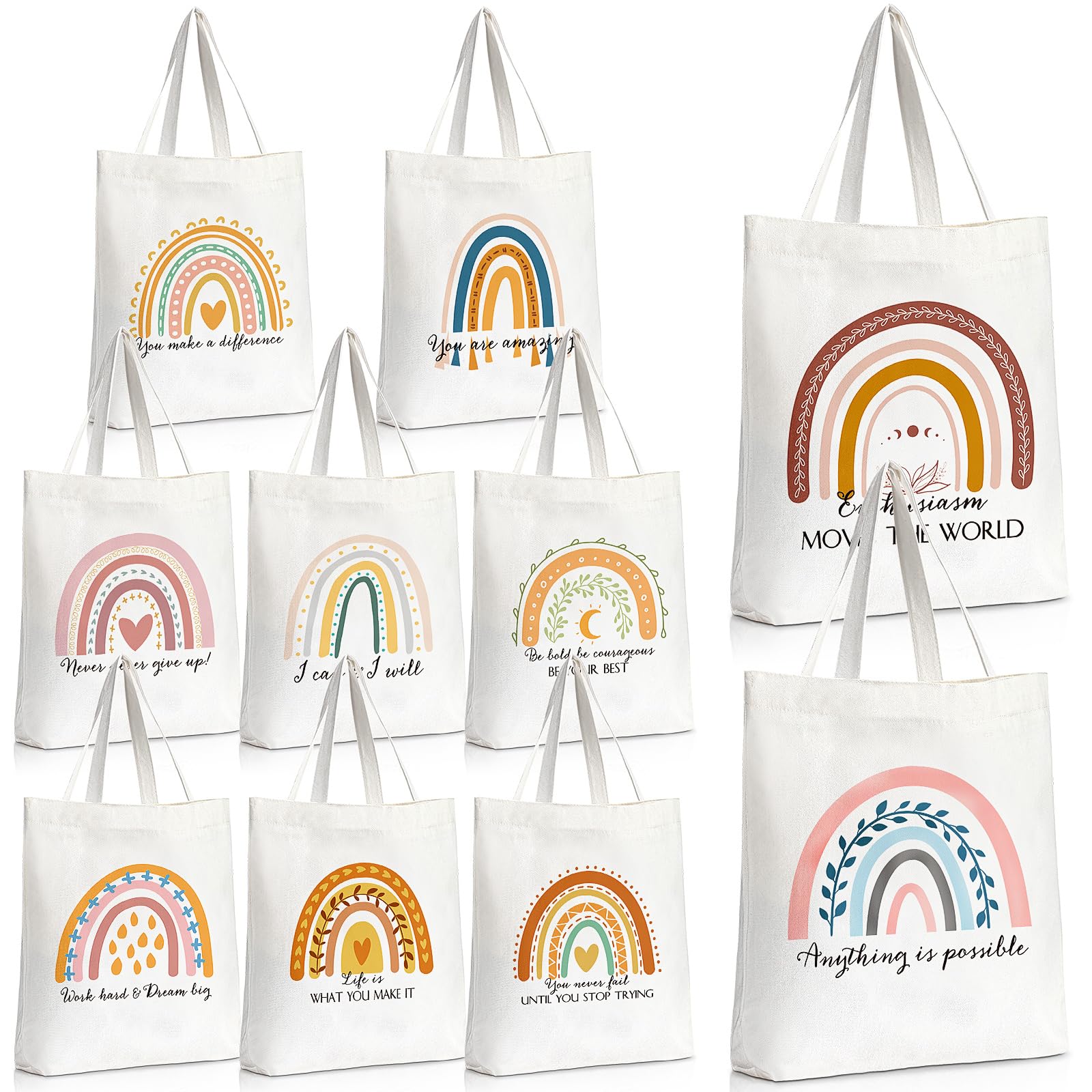 Woanger 10 Pcs Employee Appreciation Gifts Inspirational Canvas Tote Bags Rainbow Bags for Staff Thank You Gifts(Rustic Style)