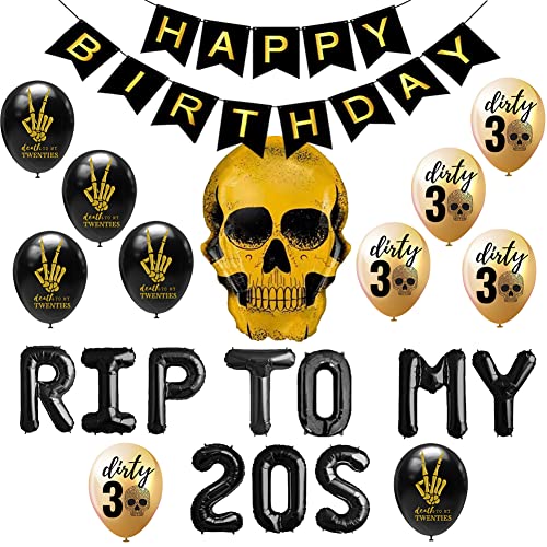 Geloar RIP To My 20s 30th Birthday Party Supplies, RIP TWENTIES Balloons Happy Birthday Banner for Death to My 20s Twenties RIP Youth Men Women Dirty 30 Funny 30th Bday Decorations Set of 24 PCS