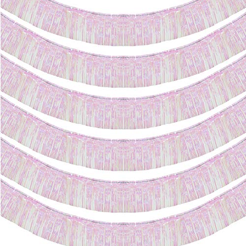 Blukey 10 Feet by 15 Inch Iridescent White Foil Fringe Garland - Pack of 6 | Metallic Tinsel Banner | Ideal for Parade Floats, Bridal Shower, Wedding, Birthday, Christmas | Wall Hanging Drapes