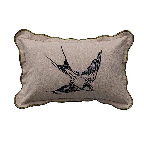 Creative Co-Op 14 Inches Cotton Chambray Printed Lumbar Bird, Embroidery, Patterned Back and Scalloped Edge, Multicolored Pillow, Natural