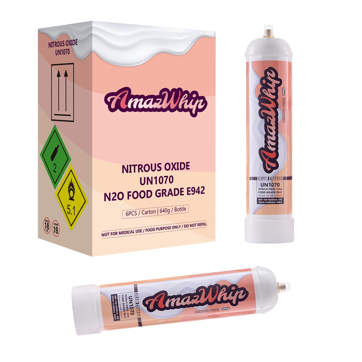 AMAZWHIP 0.95L Cream charger 640g nitrous oxide tank for cream (1 cylinder)