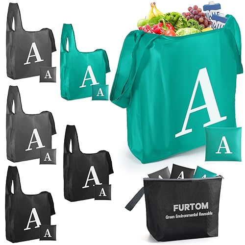 FURTOM Reusable Shopping Bags Foldable - Large Reusable Grocery Bags Heavy Duty 6 Pack, Foldable Shopping Bags in A Zi-pper Storage Pouch, Lightweight Polyester Fabric Personalized Shopping Bags A