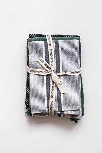 Creative Co-Op Black & Green Cotton Tea Towels (Set of 3 Patterns)