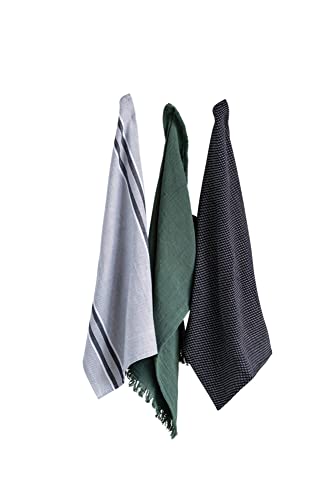 Creative Co-Op Black & Green Cotton Tea Towels (Set of 3 Patterns)