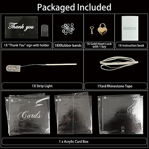 HZGUEOSTB Acrylic Wedding Card Box ,DIY Envelop Money Clear Card Box with Lock Strip Light and Rhinestone Tape,Large Acrylic Wedding Card Boxes for Reception Graduation Birthday Baby Shower (style3)