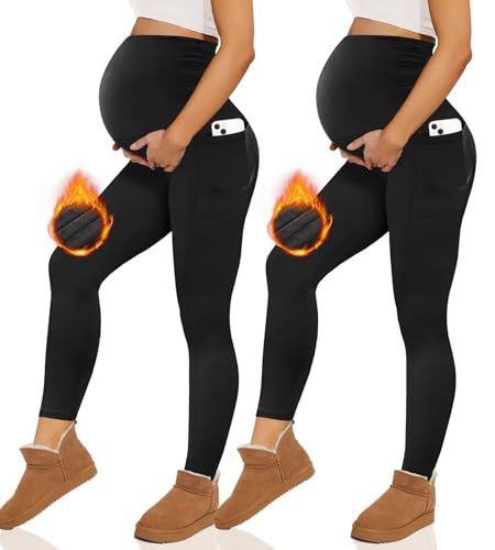 Happy.angel 2 Pack Maternity Fleece Lined Leggings Over The Belly, Womens Black Workout Yoga Pregnancy Pants with Pockets Black Small