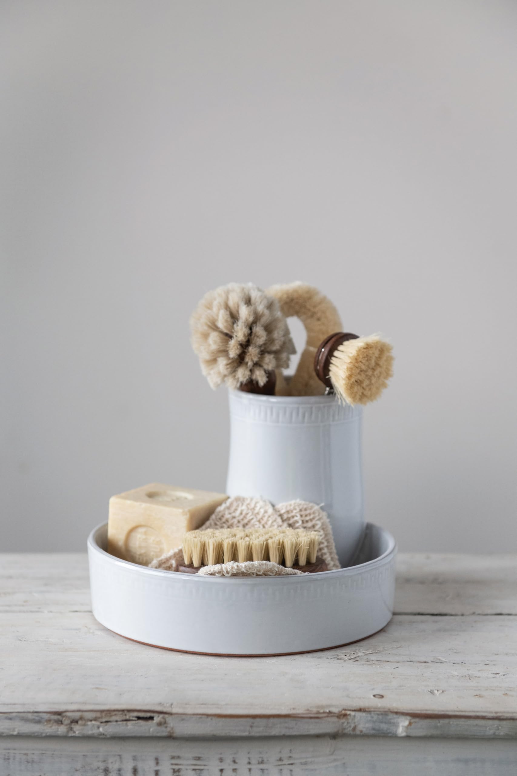 Creative Co-Op Beech Wood Dish Brush w Leather Strap, Dark Brown