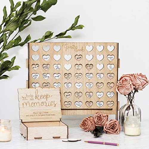 J&A Homes Wedding Guest Book Alternative - Rustic Wedding Decorations, Creative Guestbook Board - Wooden Box and Memory Box for Wedding Decor - Wooden Hearts Wedding Favor (54 Slots)